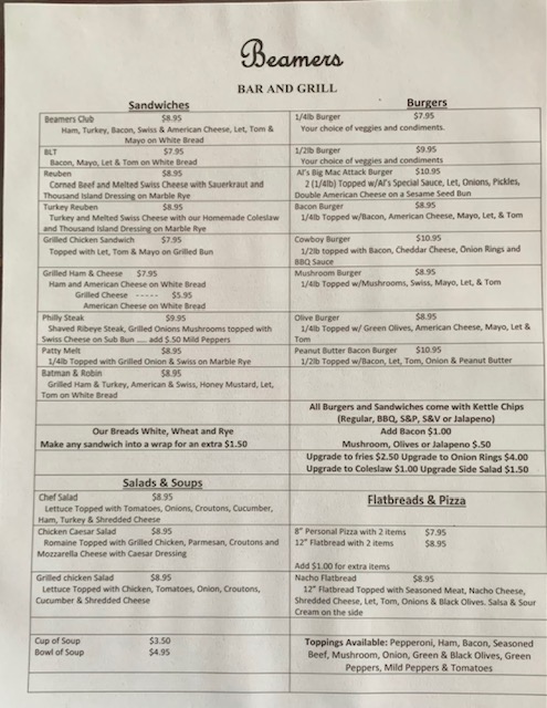 Menu | Beamers Bar And Grill